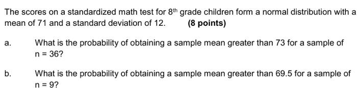 Solved The scores on a standardized math test for 8th grade | Chegg.com