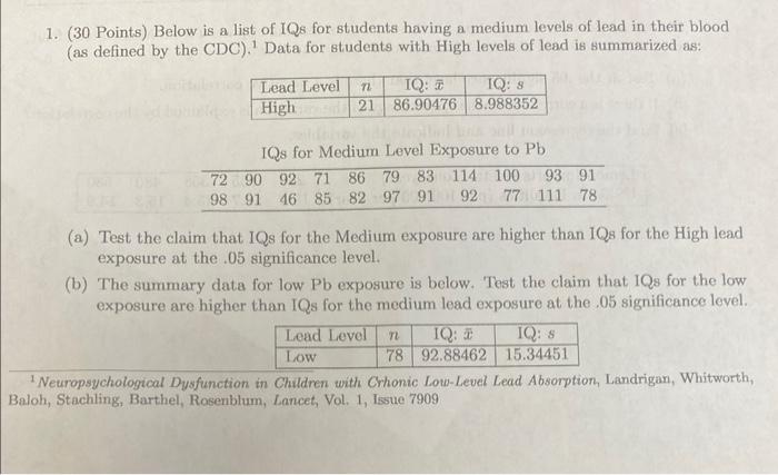 Solved 1. (30 Points) Below is a list of IQs for students | Chegg.com