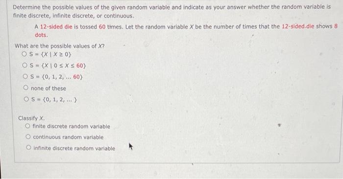 Solved Determine the possible values of the given random | Chegg.com