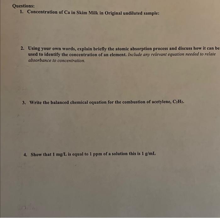 Solved Questions: 1. Concentration of Ca in Skim Milk in | Chegg.com