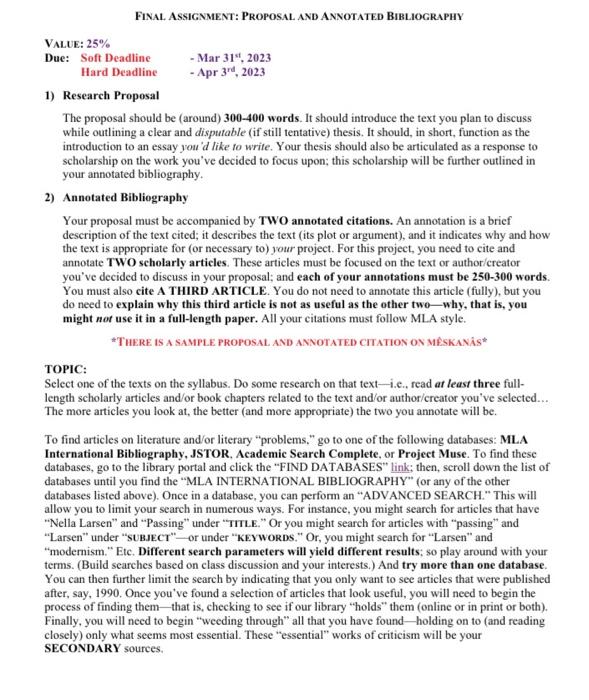 FINAL ASSIGNMENT: PropOSAL AND ANNOTATED BIBLIOGRAPHY | Chegg.com