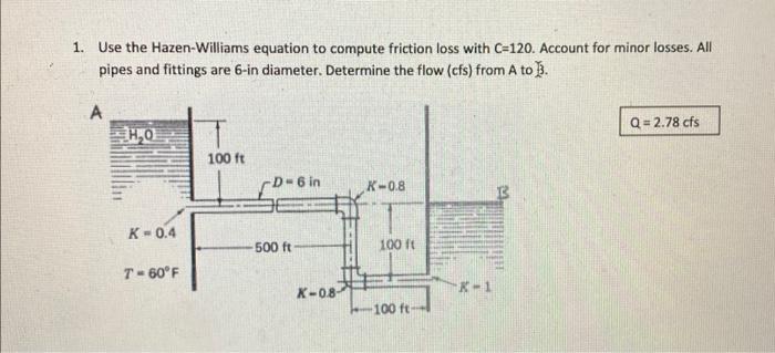 Solved 1. Use the Hazen-Williams equation to compute | Chegg.com