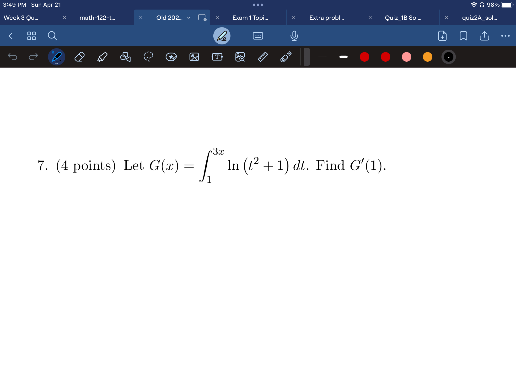 Solved (4 ﻿points) ﻿Let G(x)=∫13xln(t2+1)dt. ﻿Find G'(1). | Chegg.com