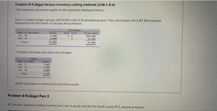 Solved Problem 8.5 (Algo) Various inventory costing methods | Chegg.com