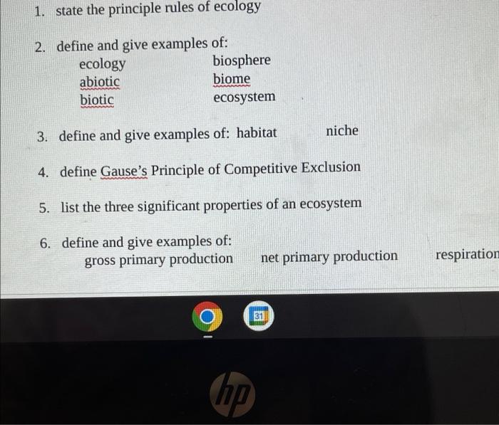 Solved 1. state the principle rules of ecology 2. define and | Chegg.com