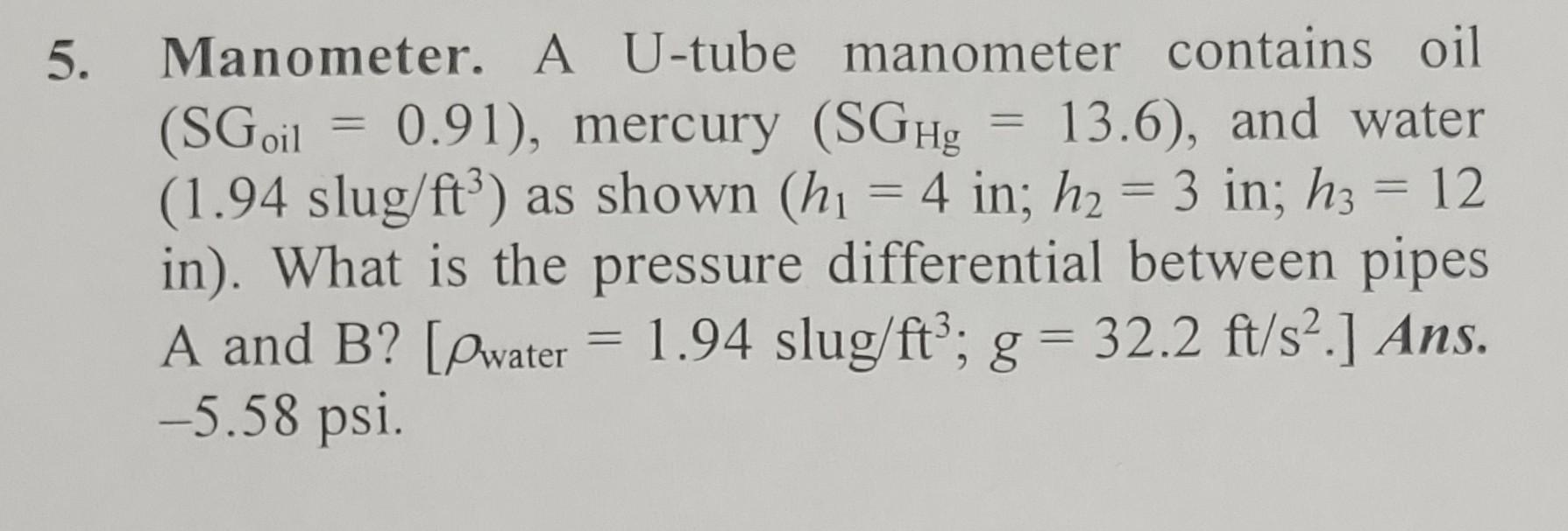 Solved 5. Manometer. A U-tube manometer contains oil | Chegg.com