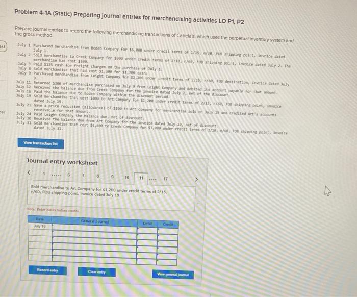 Solved Problem 4-1A (Static) Preparing Journal entries for | Chegg.com