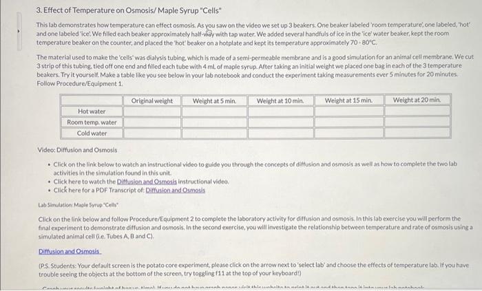 Solved 3. Effect of Temperature on Osmosis/ Maple Syrup | Chegg.com