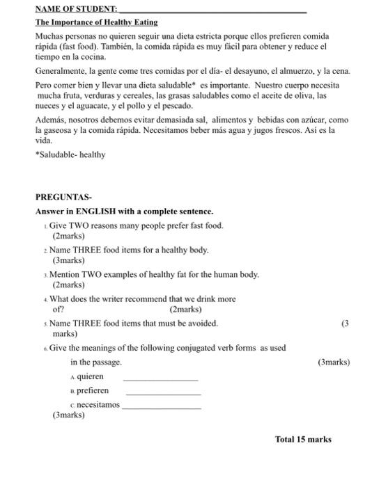 NAME OF STUDENT: The Importance of Healthy Eating | Chegg.com