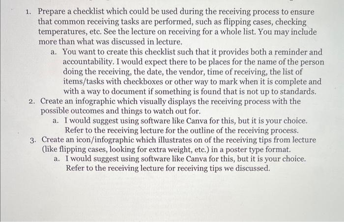 Solved 1. Prepare a checklist which could be used during the | Chegg.com