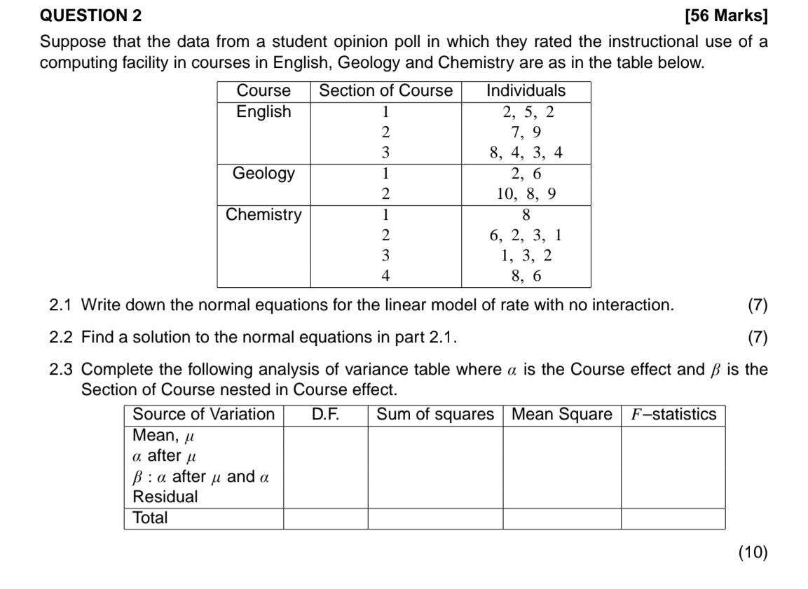Solved QUESTION 2[56 ﻿Marks]Suppose that the data from a | Chegg.com