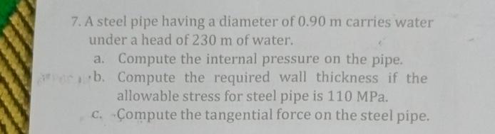 Solved A steel pipe having a diameter of 0.90m ﻿carries | Chegg.com