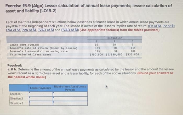 Solved Exercise 15-9 (Algo) Lessor calculation of annual | Chegg.com