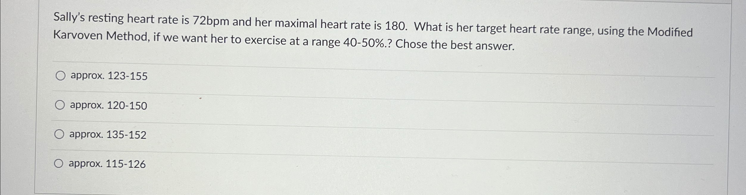 Solved Sally's resting heart rate is 72bpm ﻿and her maximal | Chegg.com