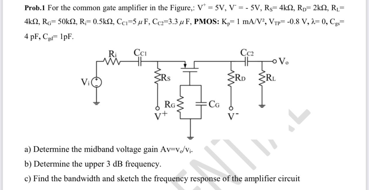 Prob. 1 ﻿For the common gate amplifier in the | Chegg.com
