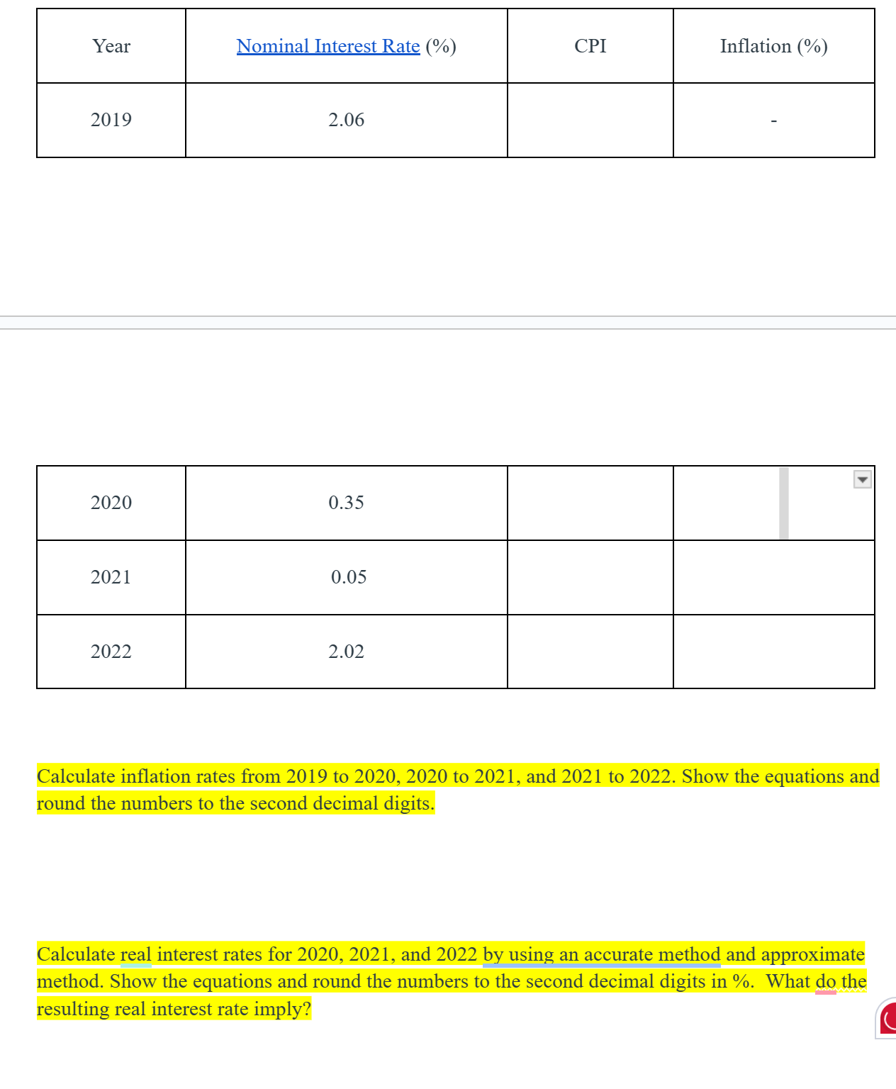 Calculate inflation rates from 2019 ﻿to 2020,2020 ﻿to | Chegg.com