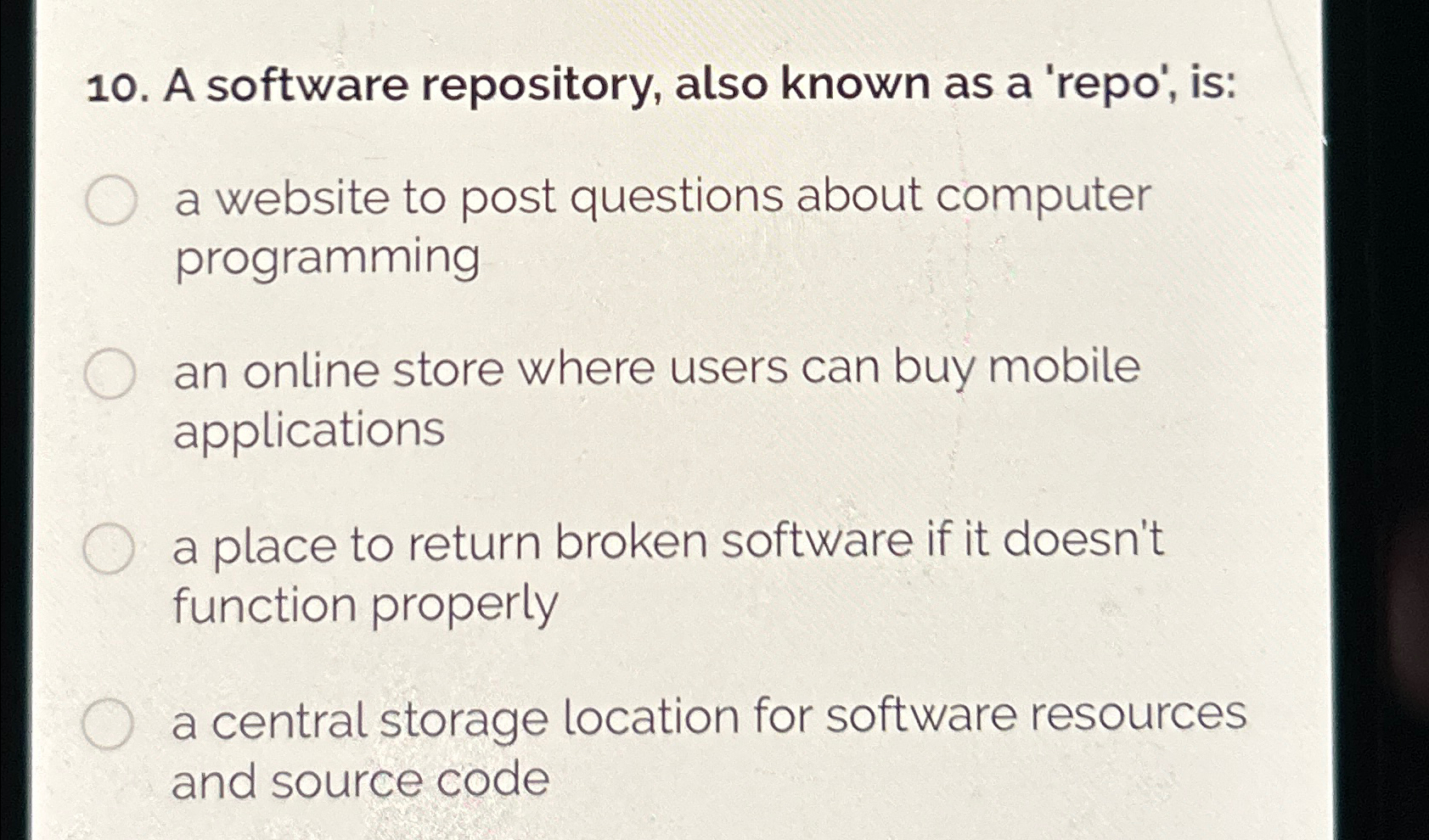 Solved A software repository, also known as a 'repo', is:a | Chegg.com