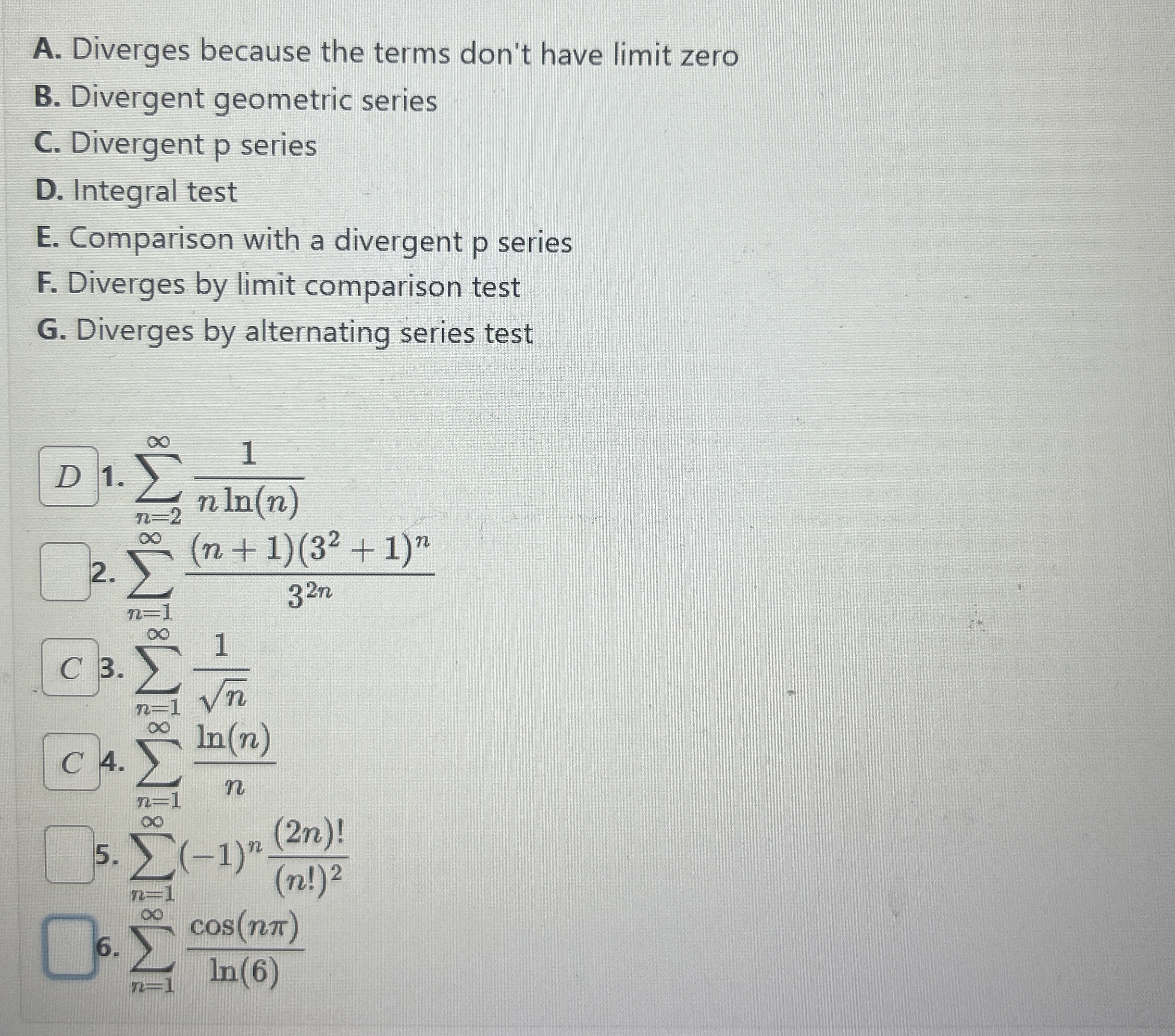 Solved A. ﻿Diverges because the terms don't have limit | Chegg.com