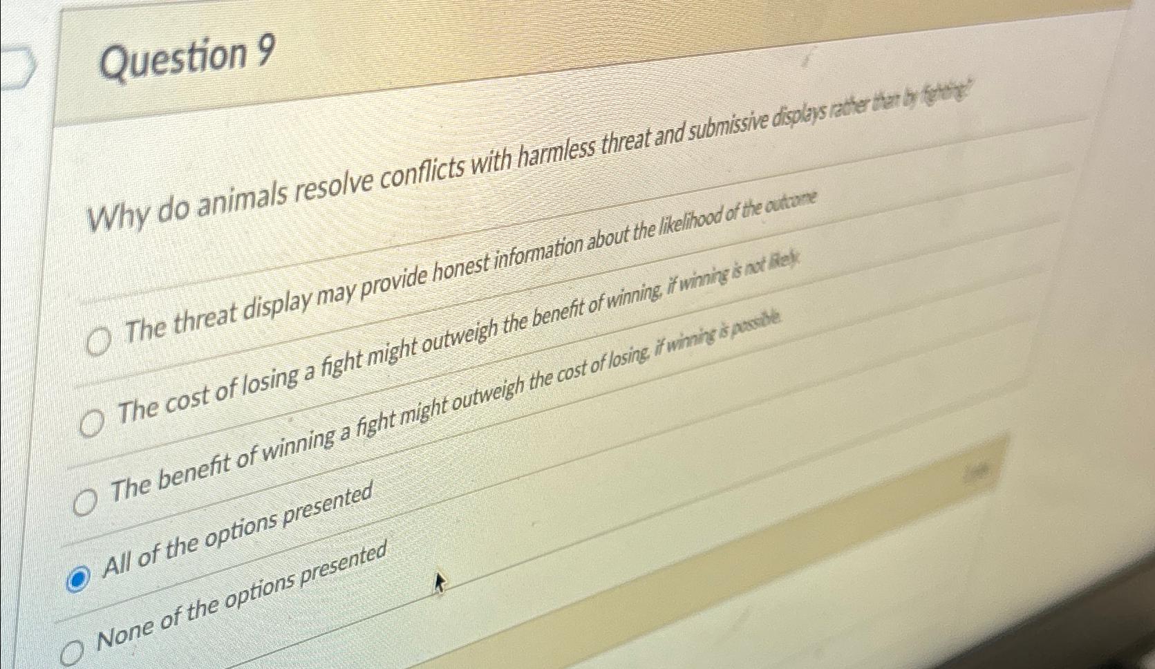 Solved Question 9Why do animals resolve conflicts with | Chegg.com