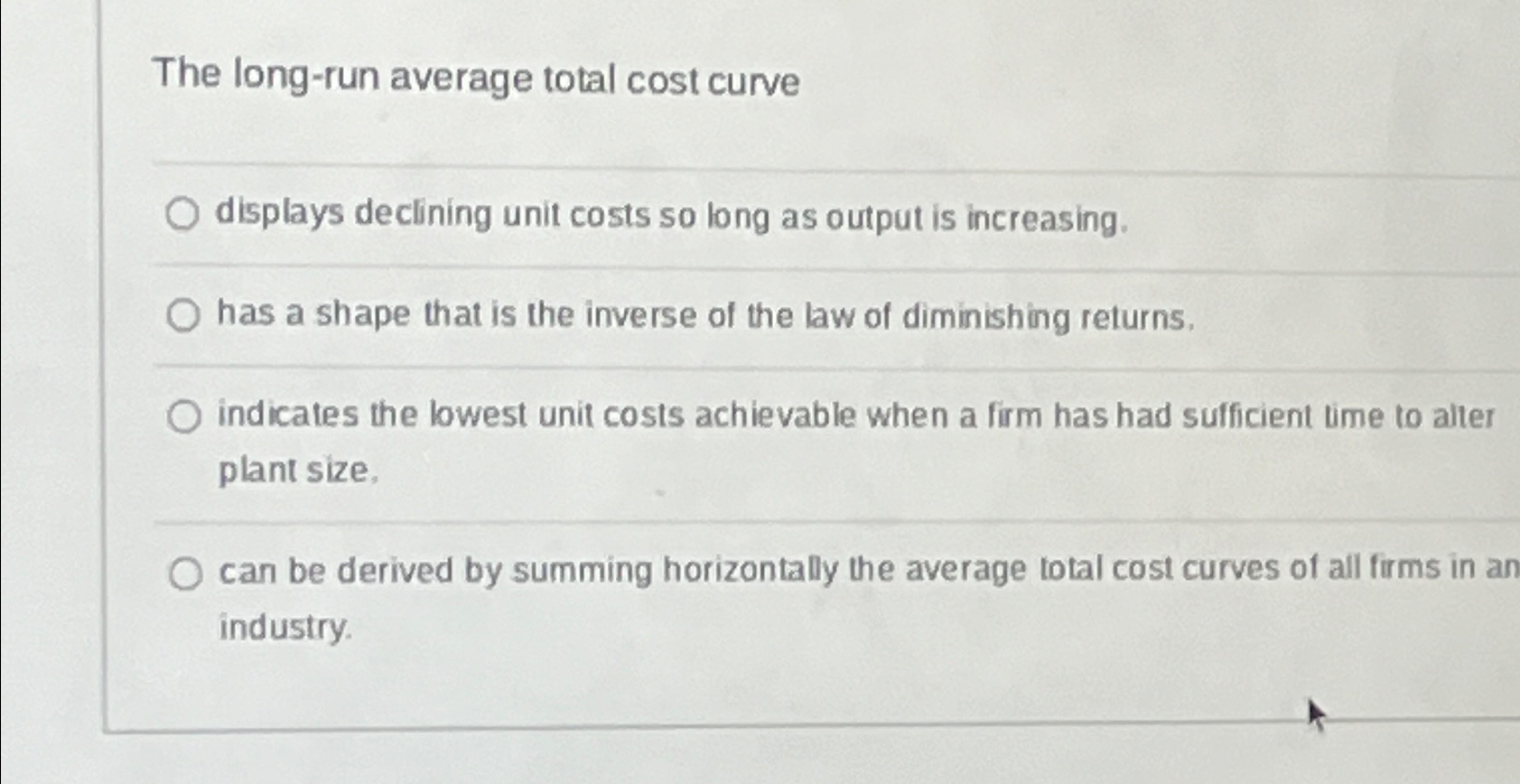 Solved The long-run average total cost curvedisplays | Chegg.com