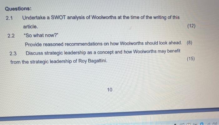 Solved Questions: 2.1 Undertake a SWOT analysis of | Chegg.com