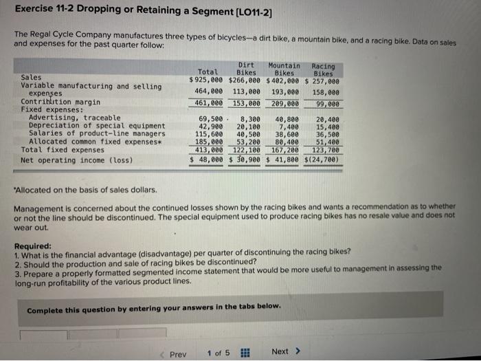 Solved Exercise 11-2 Dropping or Retaining a Segment | Chegg.com