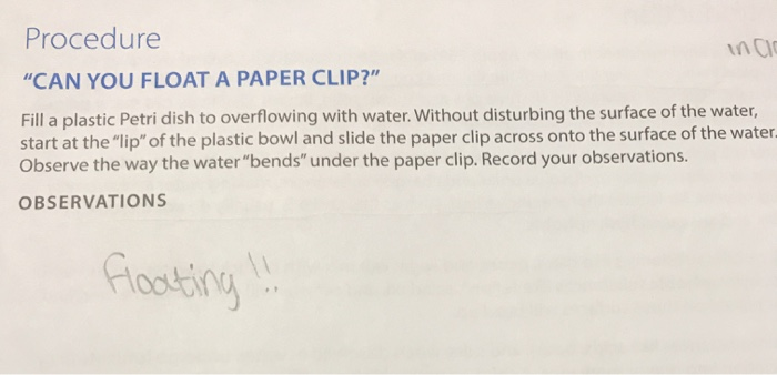 Solved Procedure "CAN YOU FLOAT A PAPER CLIP?" Fill a | Chegg.com