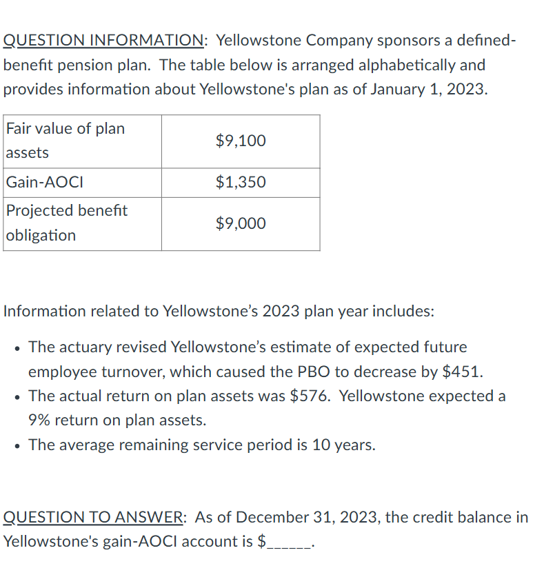 Solved QUESTION INFORMATION: Yellowstone Company sponsors a | Chegg.com