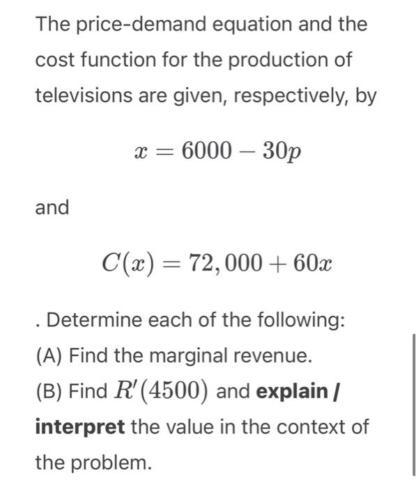 Solved The price-demand equation and the cost function for | Chegg.com