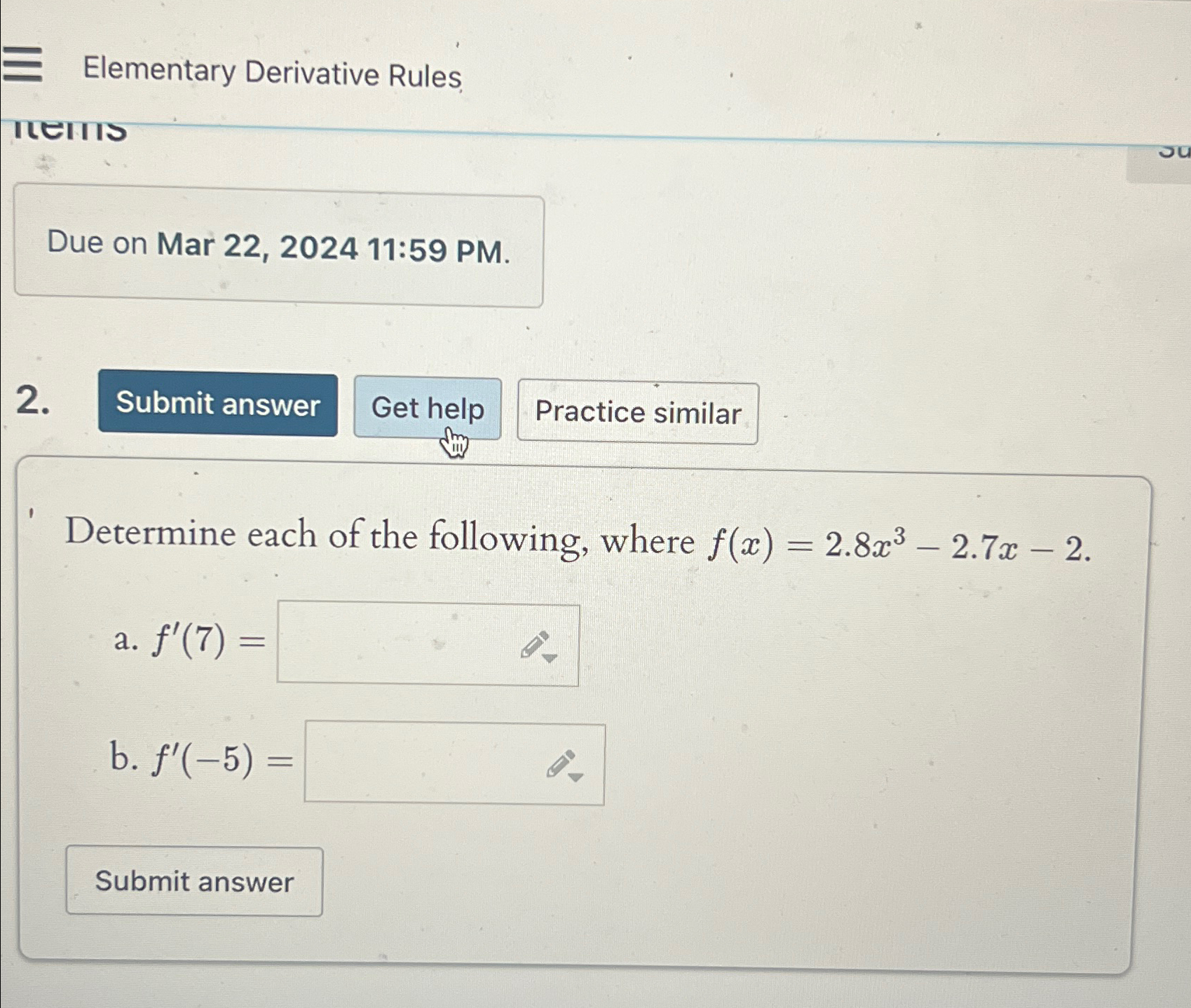 Solved Elementary Derivative Rules,2.Determine each of the | Chegg.com