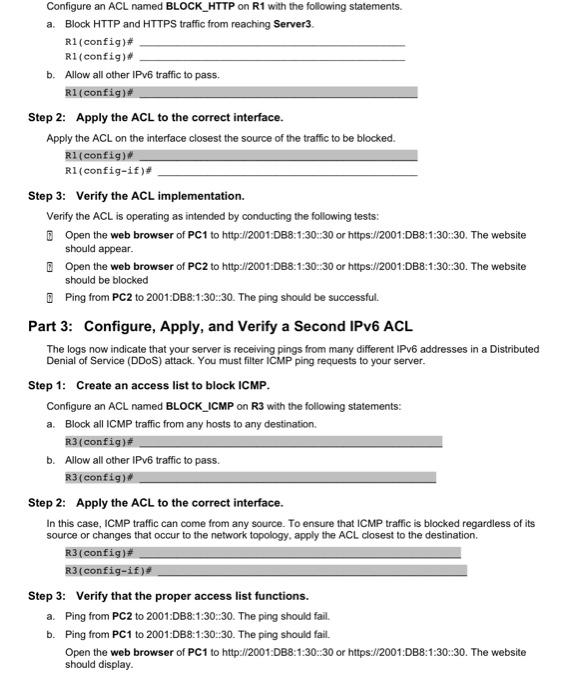 C. Configuring IPv6 ACLs T Addressing Table Fill in | Chegg.com
