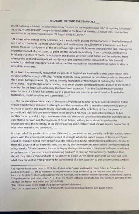 A LOYALIST DEFENDS THE STAMP ACT Joseph Galloway | Chegg.com