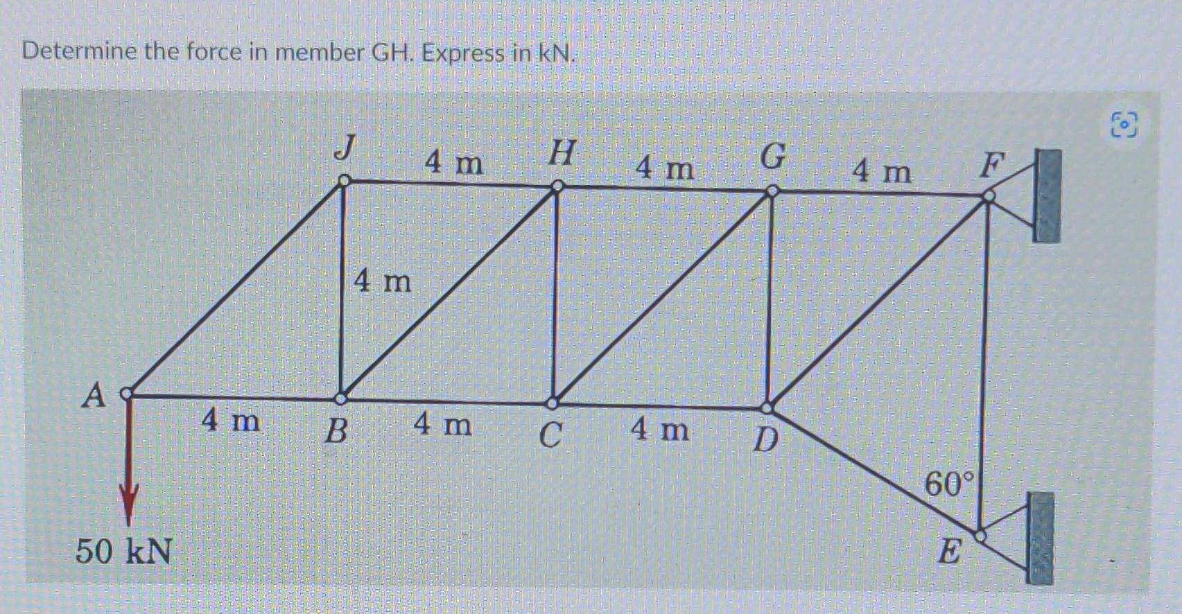 Solved Determine the force in member GH. Express in kN. | Chegg.com