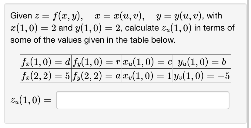 Solved Given z=f(x,y),x=x(u,v),y=y(u,v), ﻿with x(1,0)=2 ﻿and | Chegg.com