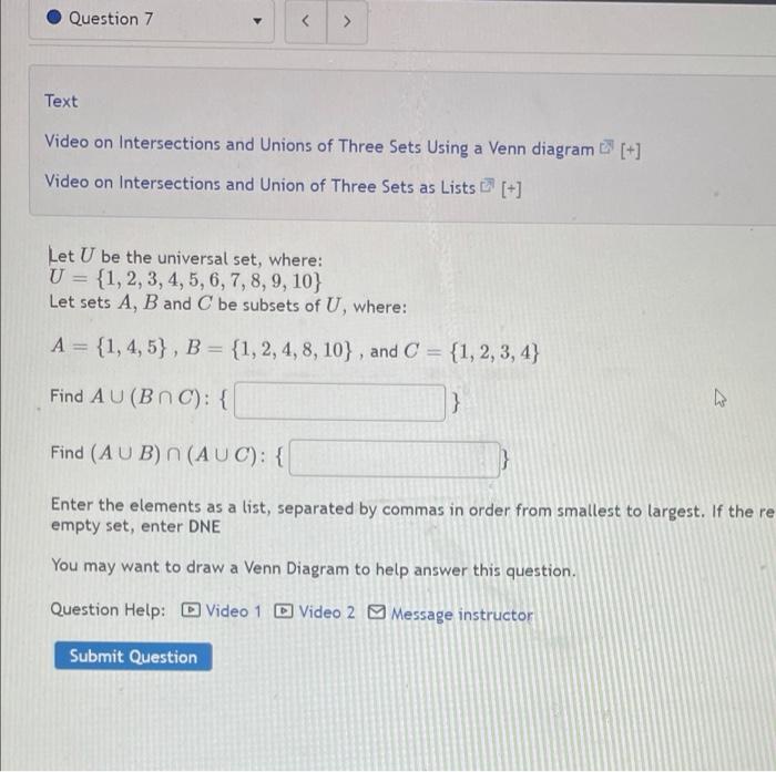 Solved Question 7 Text Video on Intersections and Unions | Chegg.com