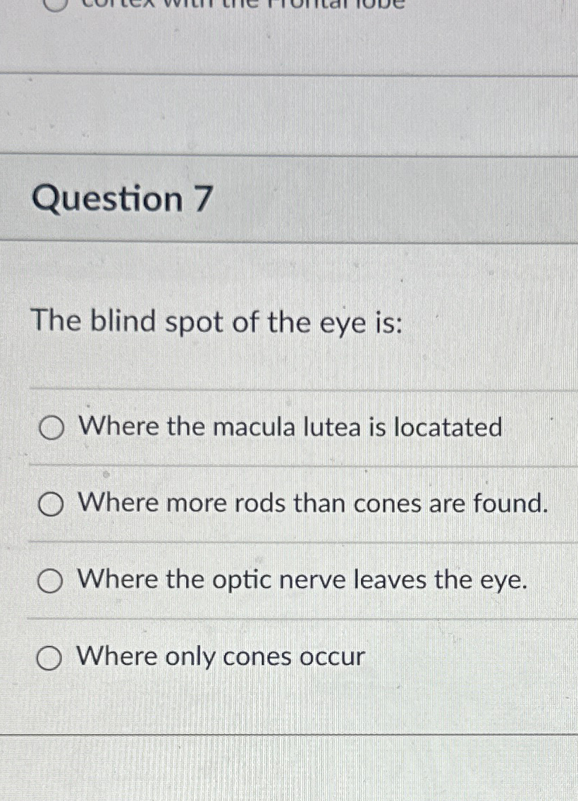 Solved Question 7The blind spot of the eye is:Where the | Chegg.com