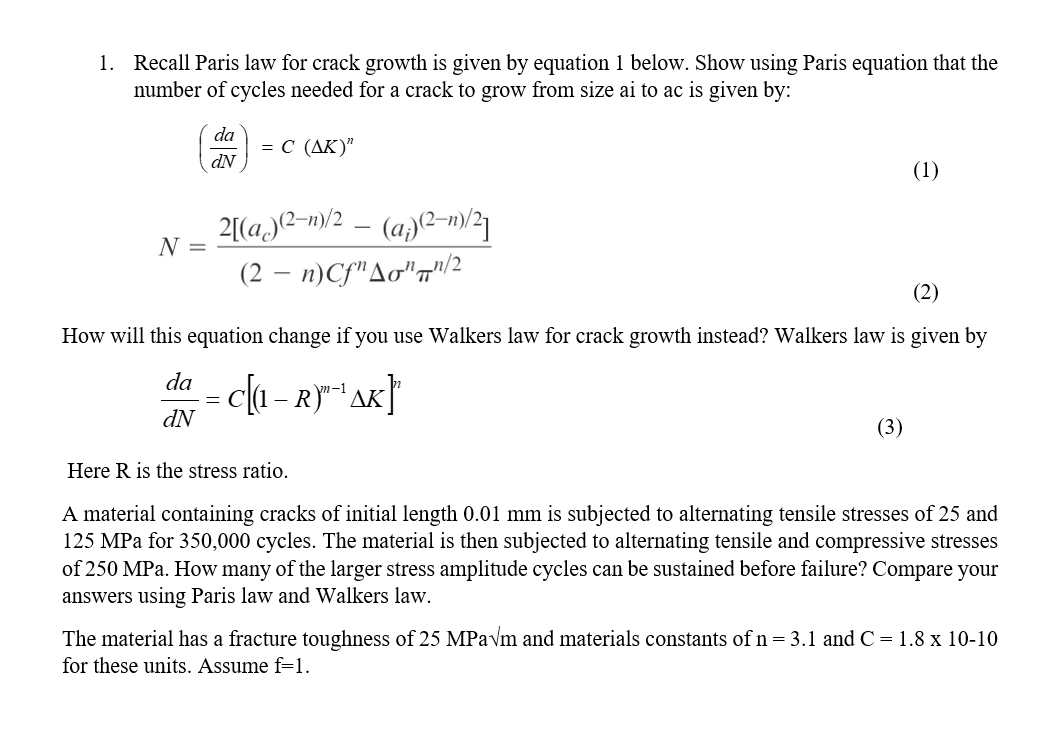 Solved Solve the following problem.Recall Paris law for | Chegg.com