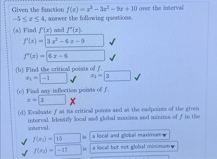 Solved Given the function f(x)=x3−3x2−9x+10 over the | Chegg.com