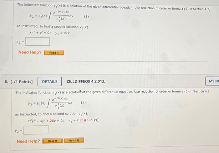 Solved The indicated function y1(x) is a solution of the | Chegg.com