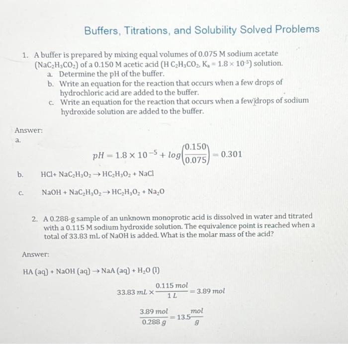 Solved Buffers Titrations And Solubility Solved Problems