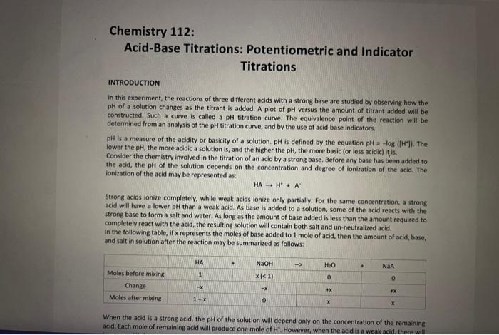 Chemistry 112: Acid-Base Titrations: Potentiometric | Chegg.com