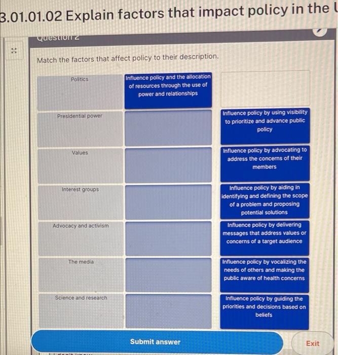 Solved 3.01.01.02 Explain factors that impact policy in the | Chegg.com