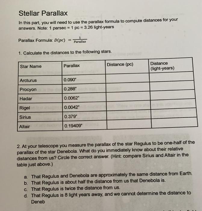 Solved Stellar Parallax In this part, you will need to use | Chegg.com