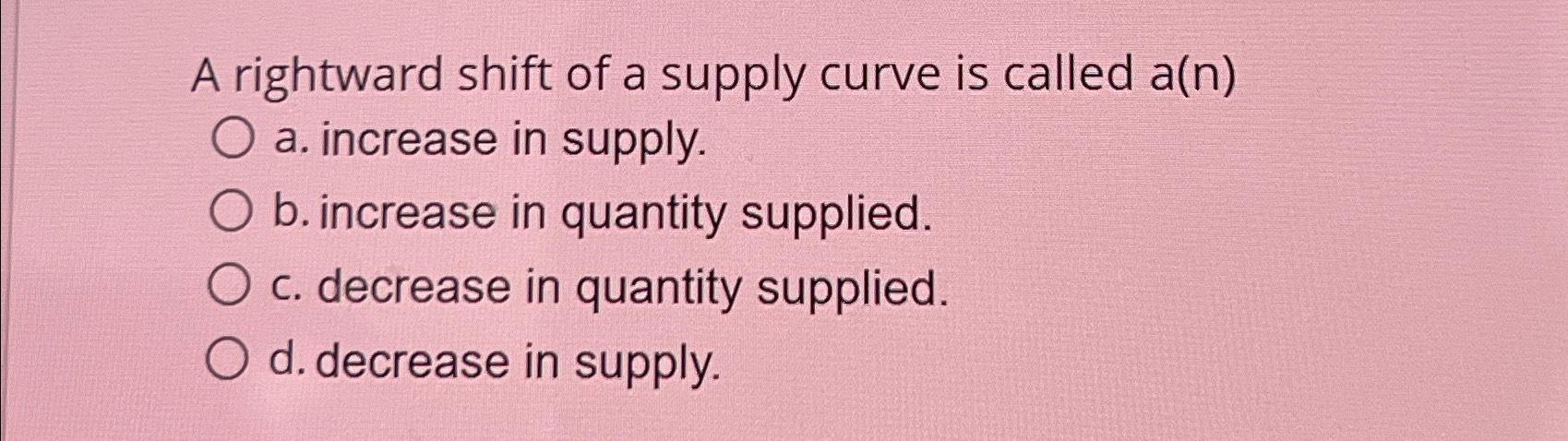 Solved A rightward shift of a supply curve is called a(n)a. | Chegg.com