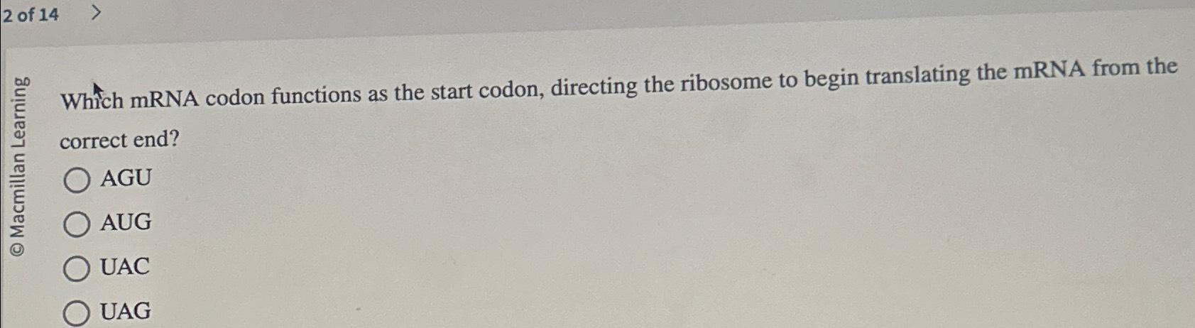 Solved Which mRNA codon functions as the start codon, | Chegg.com