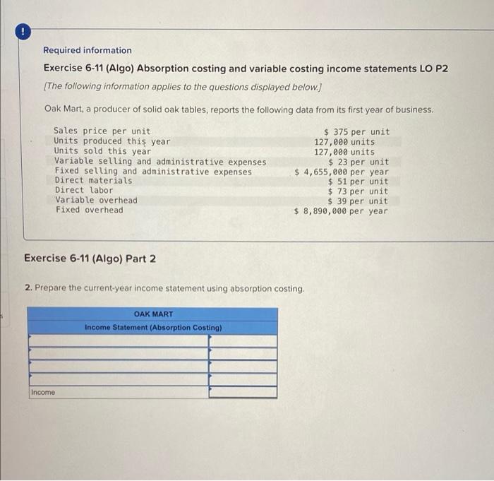 Solved Required information Exercise 6-11 (Algo) Absorption | Chegg.com