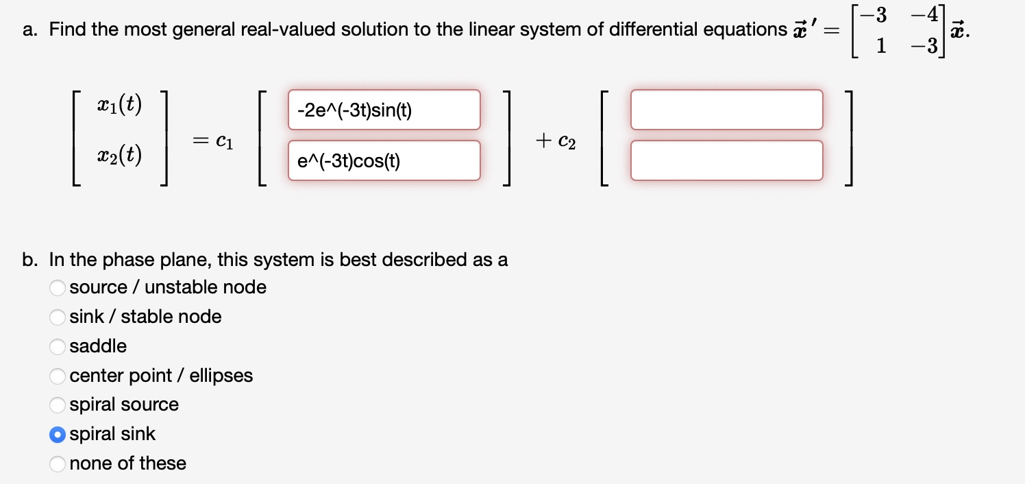 Solved b. ﻿In the phase plane, this system is best described | Chegg.com