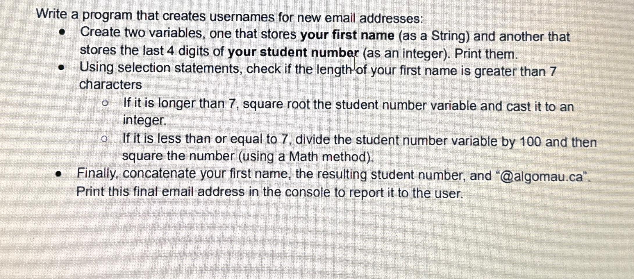 Solved Write a program that creates usernames for new email | Chegg.com