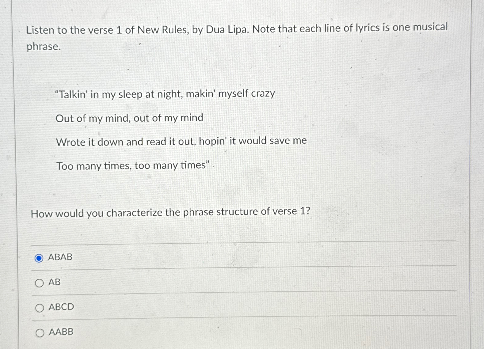 Solved Listen to the verse 1 of New Rules, by Dua Lipa. Note | Chegg.com