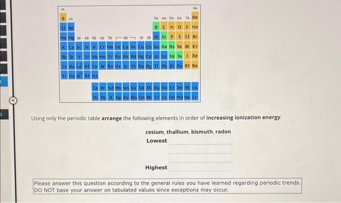 Solved Using only the periodic table arrange the following | Chegg.com